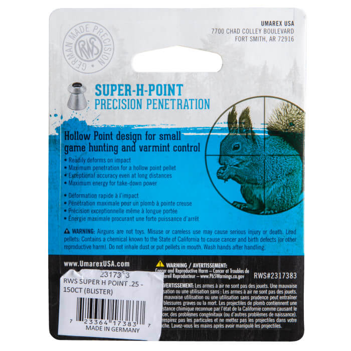 RWS SUPER H POINT .25 CALIBER PELLETS - 150CT TIN : UMAREX AIRGUNS ...